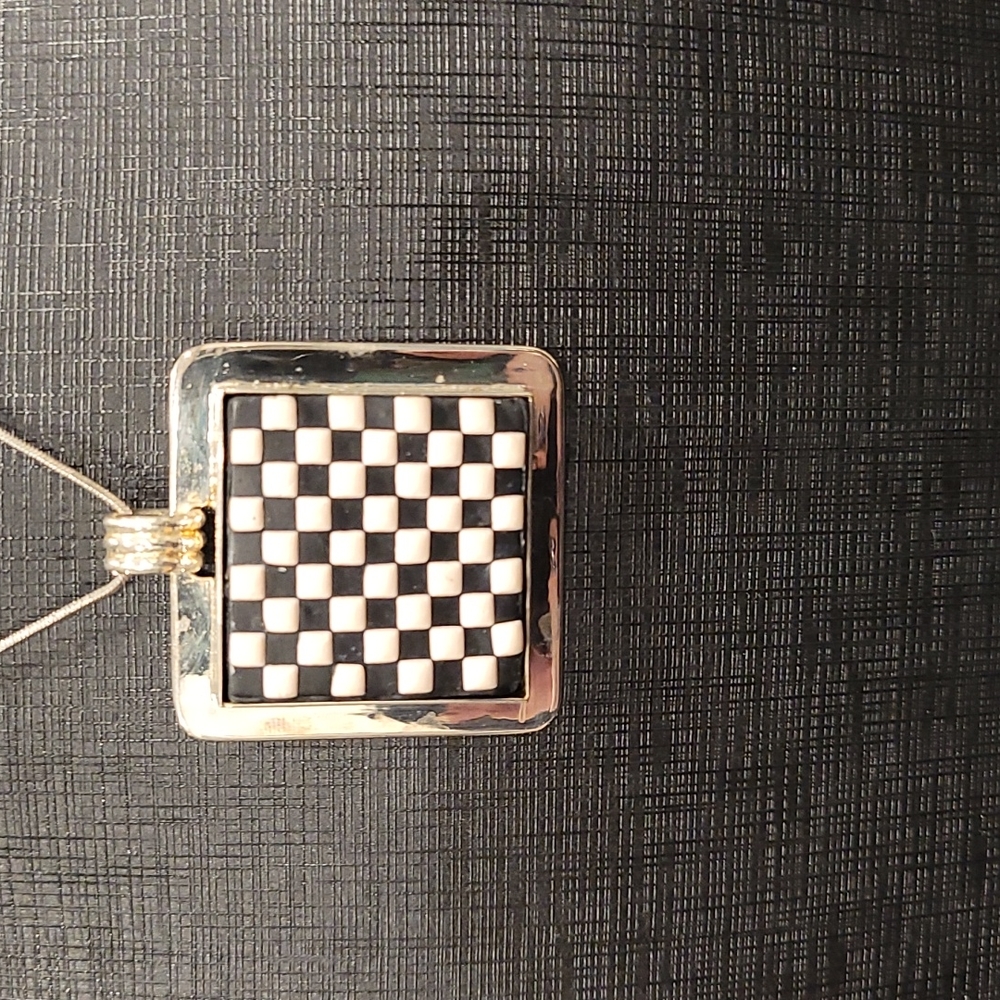 80s Vibe Checkerboard & Sterling Silver Pendant - Gem